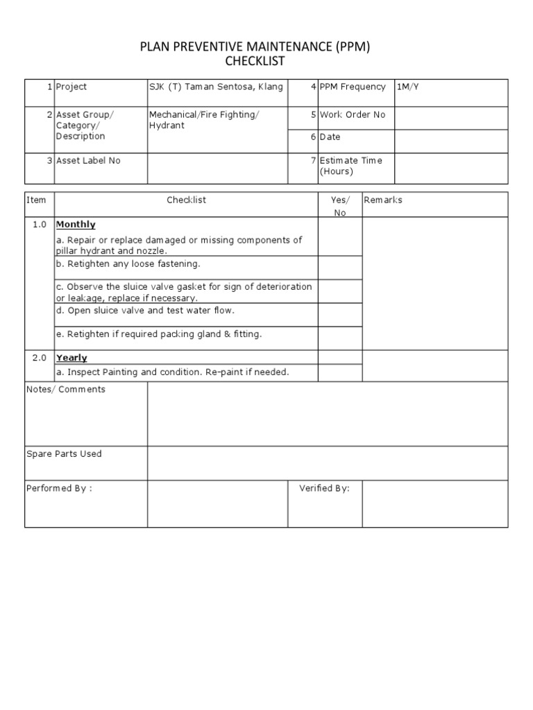 Preventive Maintenance Checklist for Fire Hydrants | PDF