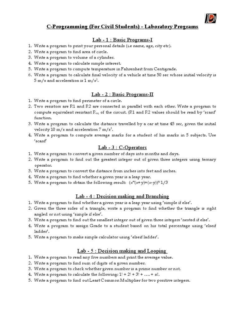 C-Programming (For Civil Students) - Laboratory Programs: Lab - 1 ... C-Programming (For Civil Students) - Laboratory Programs: Lab - 1 ...