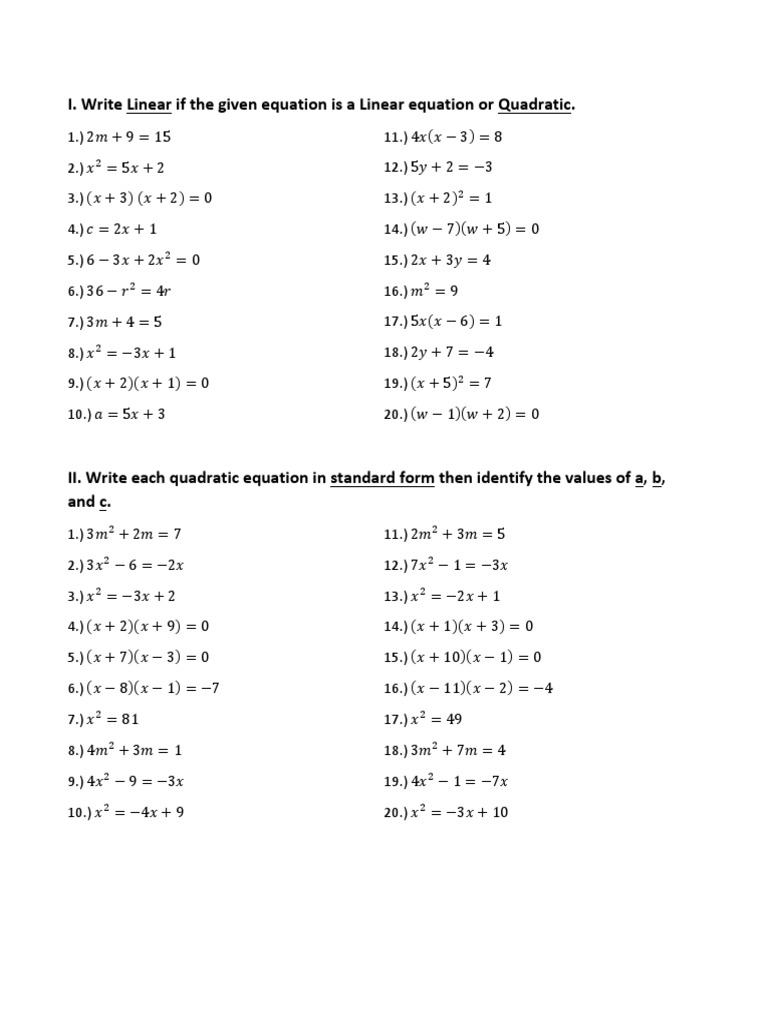 Math Quadratic Equations Worksheet | PDF | Quadratic Equation | Equations