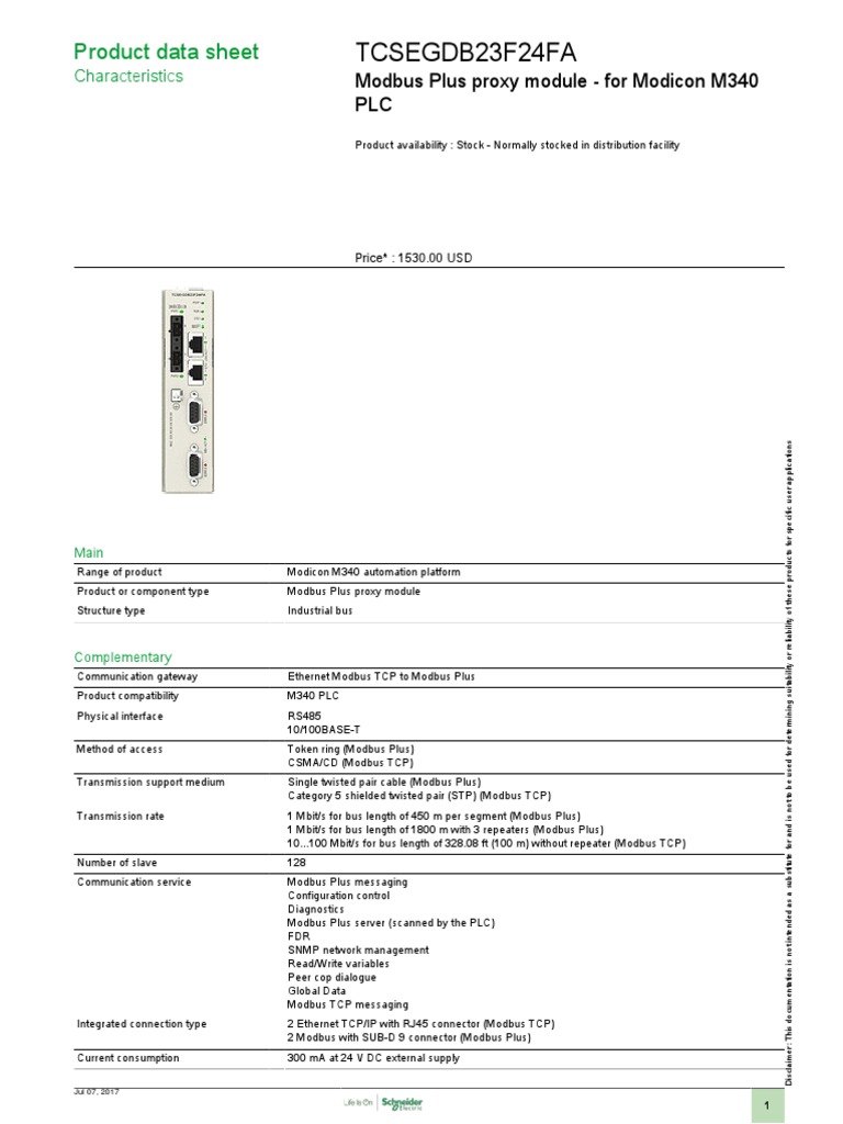 Modicon m340 Pac - Tcsegdb23f24fa | PDF | Ethernet | Transmission ...