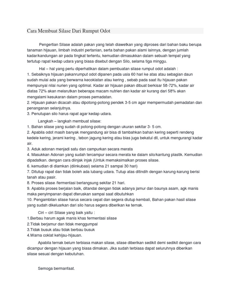 Cara Membuat Silase Dari Rumput Odot | PDF