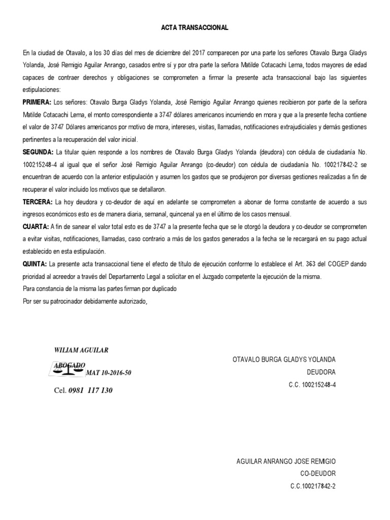 Acta Transaccional 1 | PDF | Pagos | Business