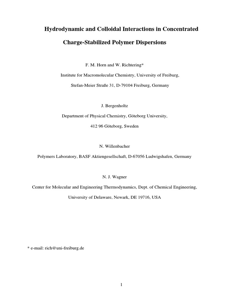 Hydrodynamic and Colloidal Interactions in Concentrated Charge-Stabilized Polymer Dispersions ...