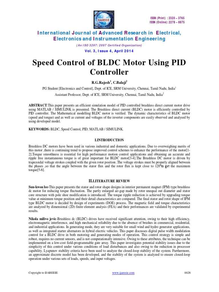 Speed Control of BLDC Motor Using PID Controller: I J A R E E I E | PDF ...