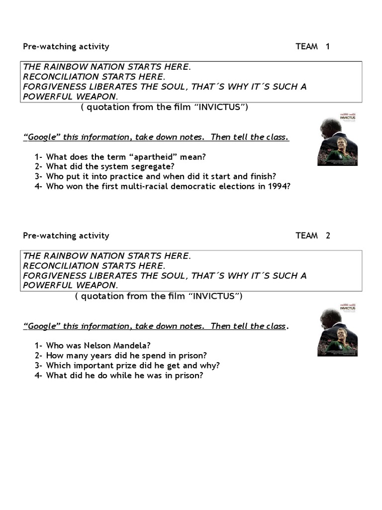 Invictus Film Study Guide and Activities | PDF | Sports