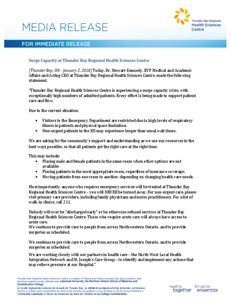 Media Release - Surge Capacity at Thunder Bay Regional Health Sciences ...