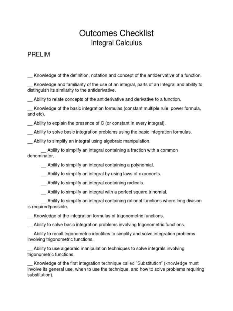 Outcomes Checklist Integral Calculus | PDF | Integral | Function ...