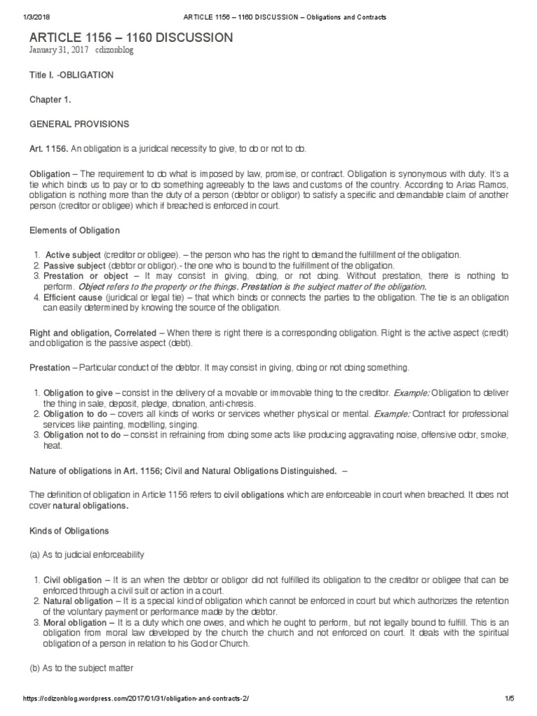 ARTICLE 1156 - 1160 DISCUSSION - Obligations and Contracts | PDF | Law ...