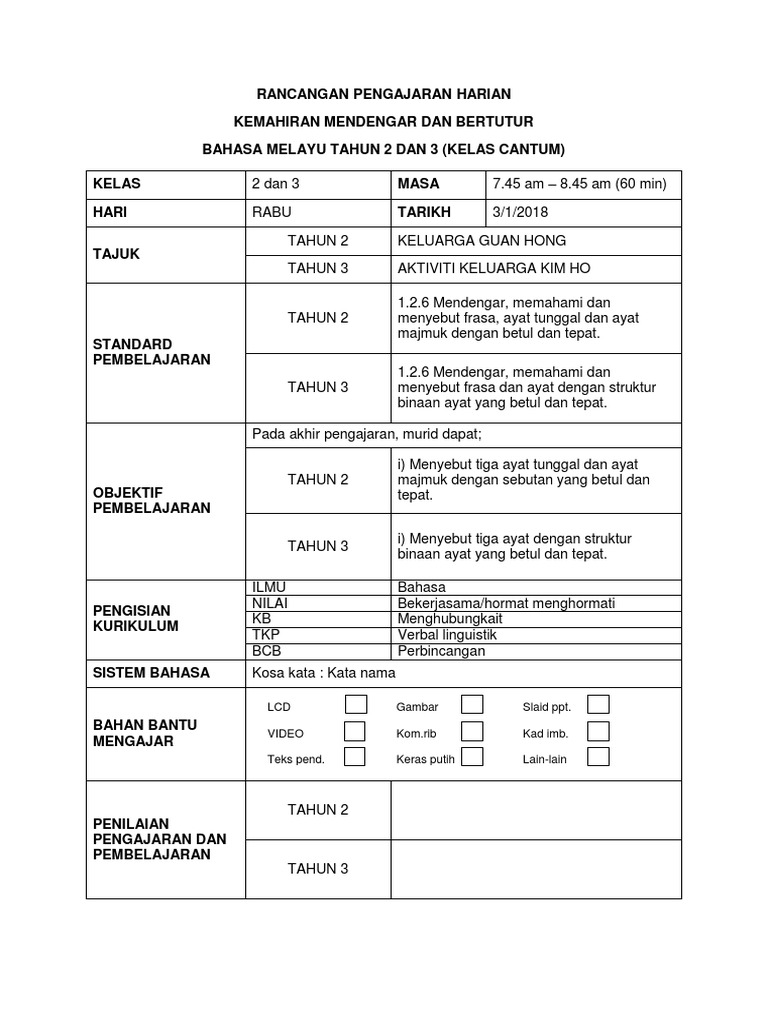 RPH Mendengar Dan Bertutur t2&3 KELAS BERCANTUM | PDF