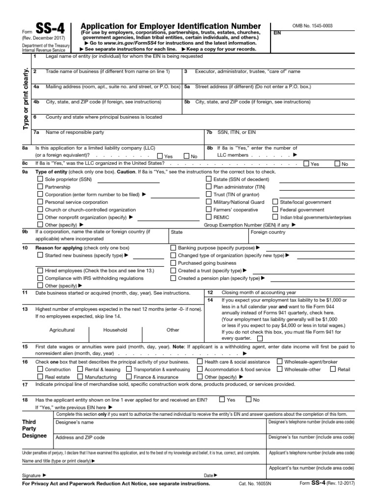 Form SS-4 Application | PDF | Withholding Tax | S Corporation