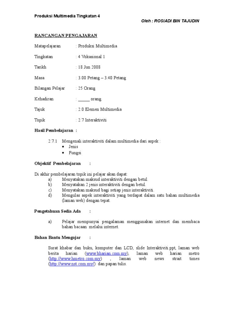 RANCANGAN PENGAJARAN - Produksi Multimedia Tingkatan 4 - 2.7 ...