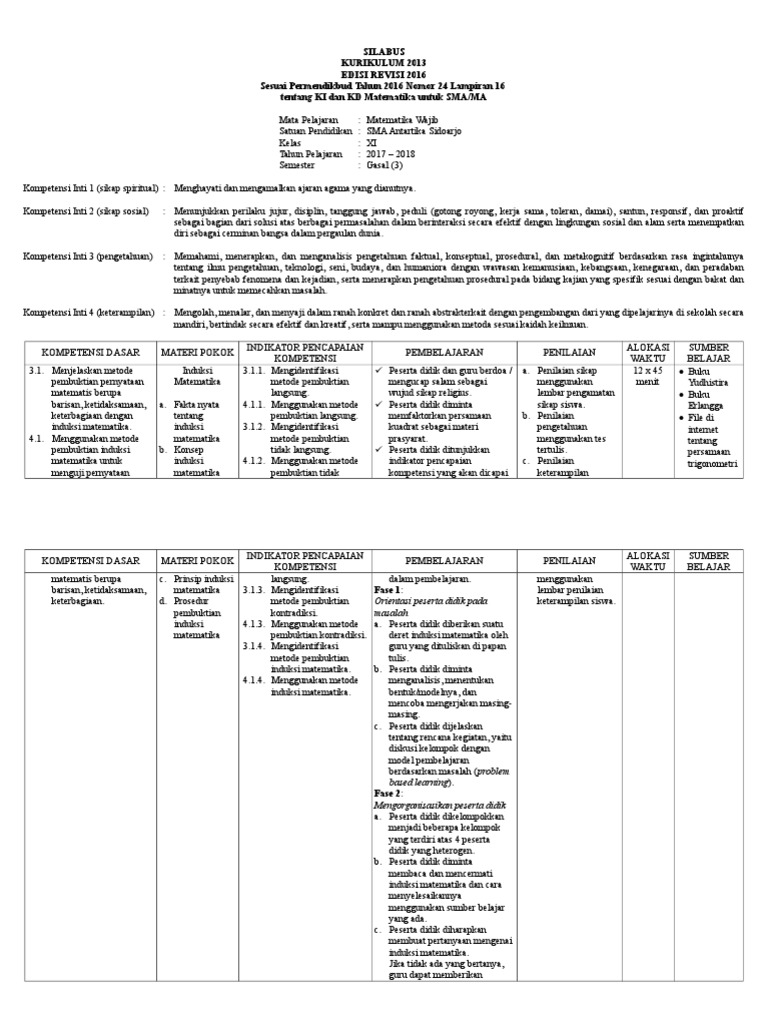 Silabus Matematika Wajib XI - 2017 - 2018 - Gasal | PDF