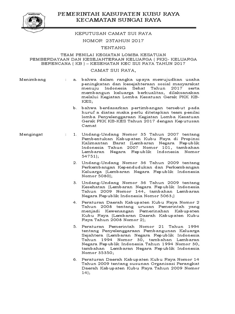 SK Team Penilai Kegiatan PKK KB Kes Kec | PDF