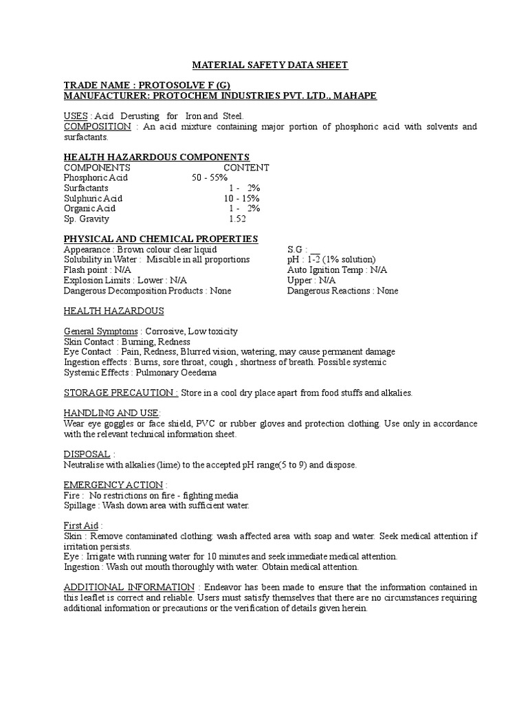 MSDS PROTOSOLVE FG - Acid Derusting For Iron and Steel | PDF