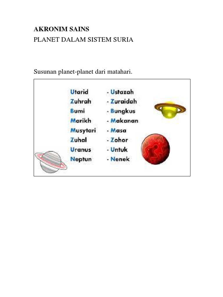 Akronim Planet dalam Sistem Suria | PDF | Sains & Matematika