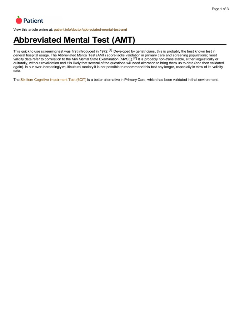Patient - Info/doctor/abbreviated Mental Test Amt | PDF | Health Care ...