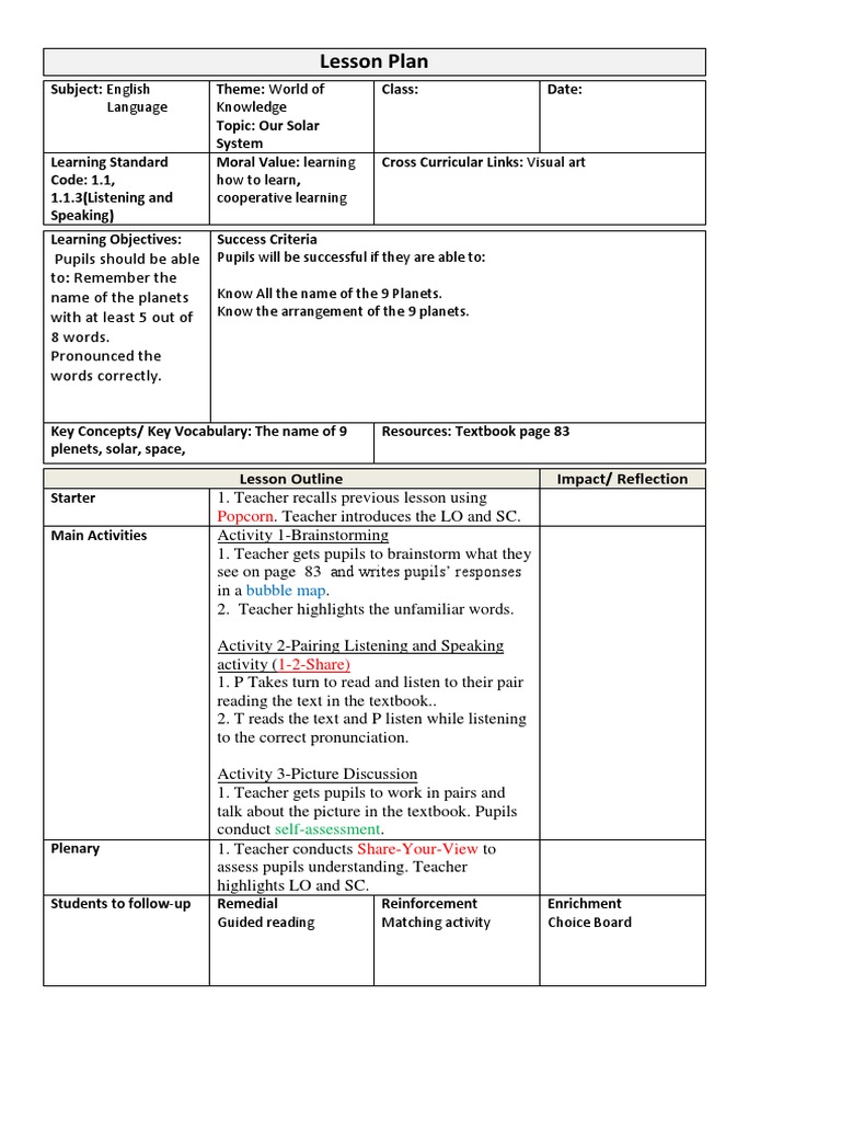 Lesson Plan Unit 9 Our Solar System | Download Free PDF | Lesson Plan | Vocabulary