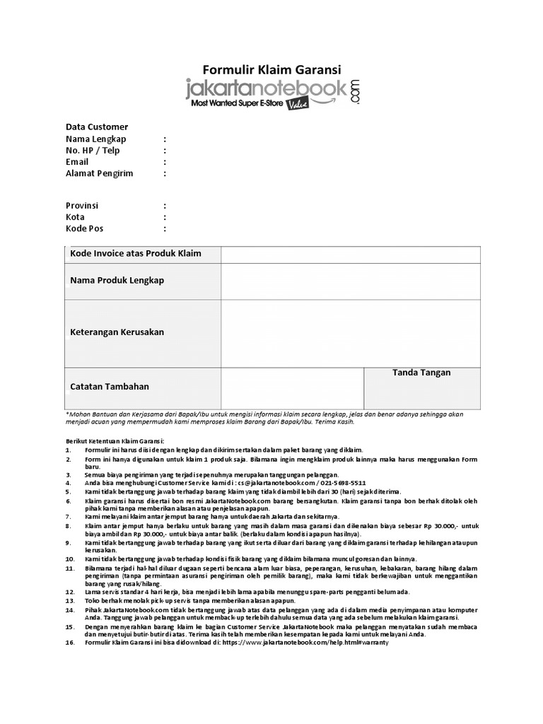 Formulir Klaim Garansi Produk | PDF