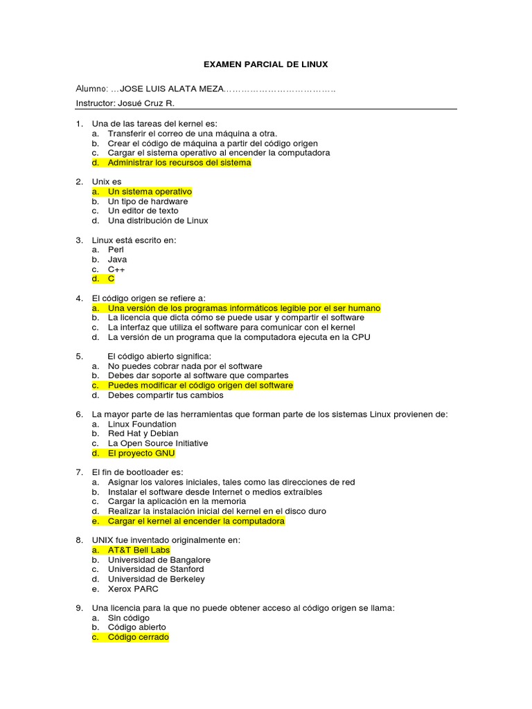 Examen Parcial de Linux: Preguntas y Respuestas | PDF | Distribución de Linux | Unix