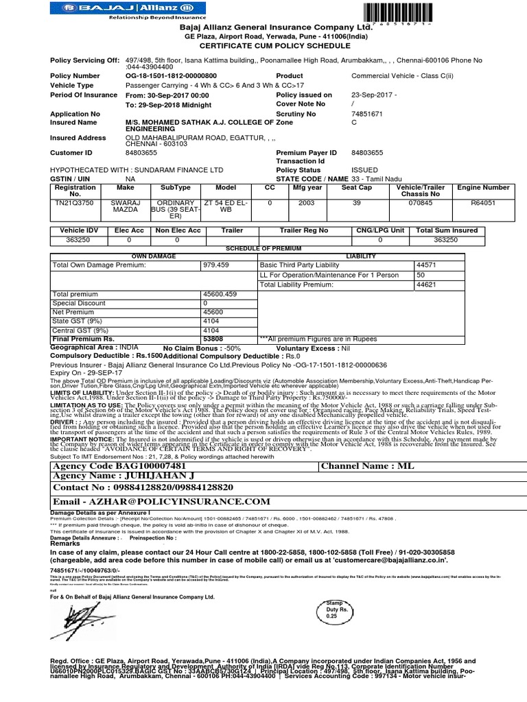 Certificate of Insurance and Policy Schedule for a Commercial Passenger ...