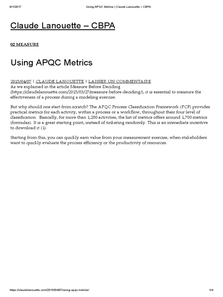 Using APQC Metrics - Claude Lanouette - CBPA | PDF | Business Process ...