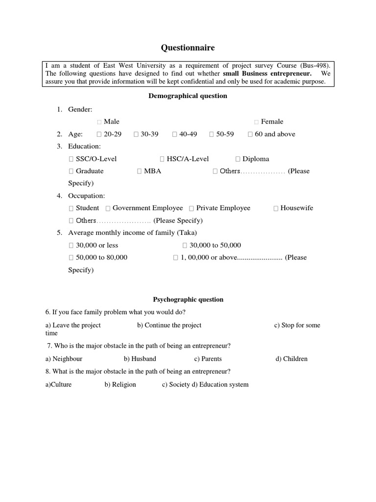 Questionnaire | PDF | Entrepreneurship | Business