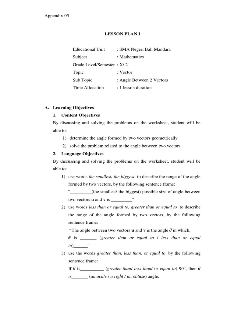 Angle Between Vectors Lesson Plan | PDF | Angle | Attention