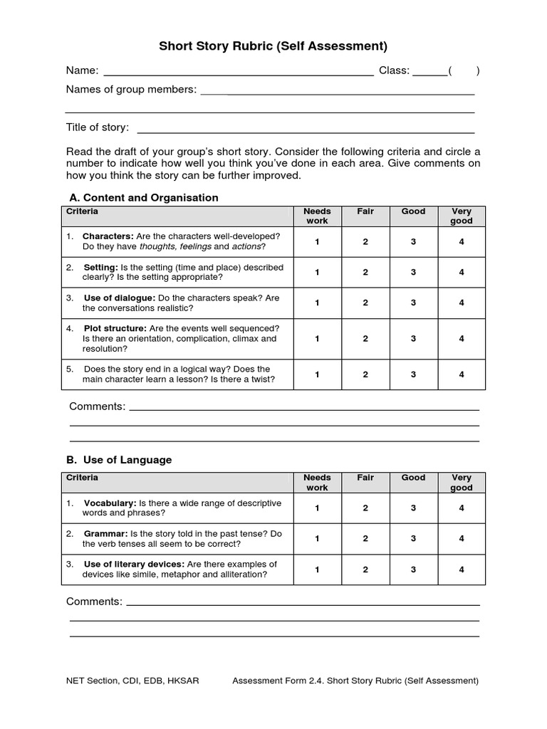 Assessment Form 2.4 - Short Story Rubric (Peer Assessment) | PDF ...