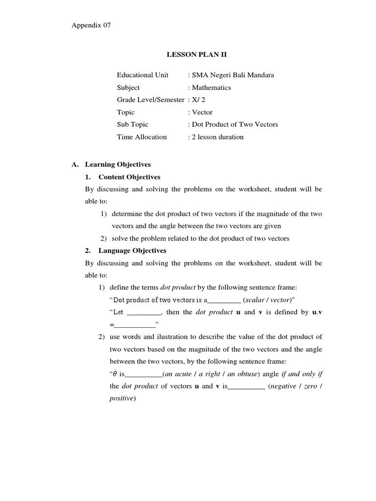 Appendix 07-08 Lesson Plan 2 - Dot Product Rev | PDF | Euclidean Vector ...