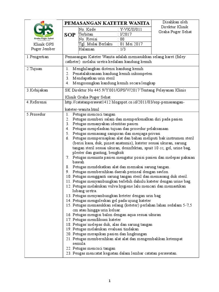 11.sop VK Pemasangan Kateter Wanita | PDF