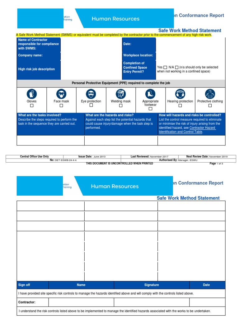 Contractor OHS Non Conformance Report: Safe Work Method Statement | PDF ...