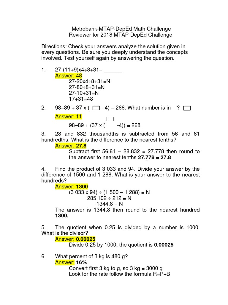 MTAP Elimination 2018 Grade 6 | PDF | Fraction (Mathematics) | Division ...