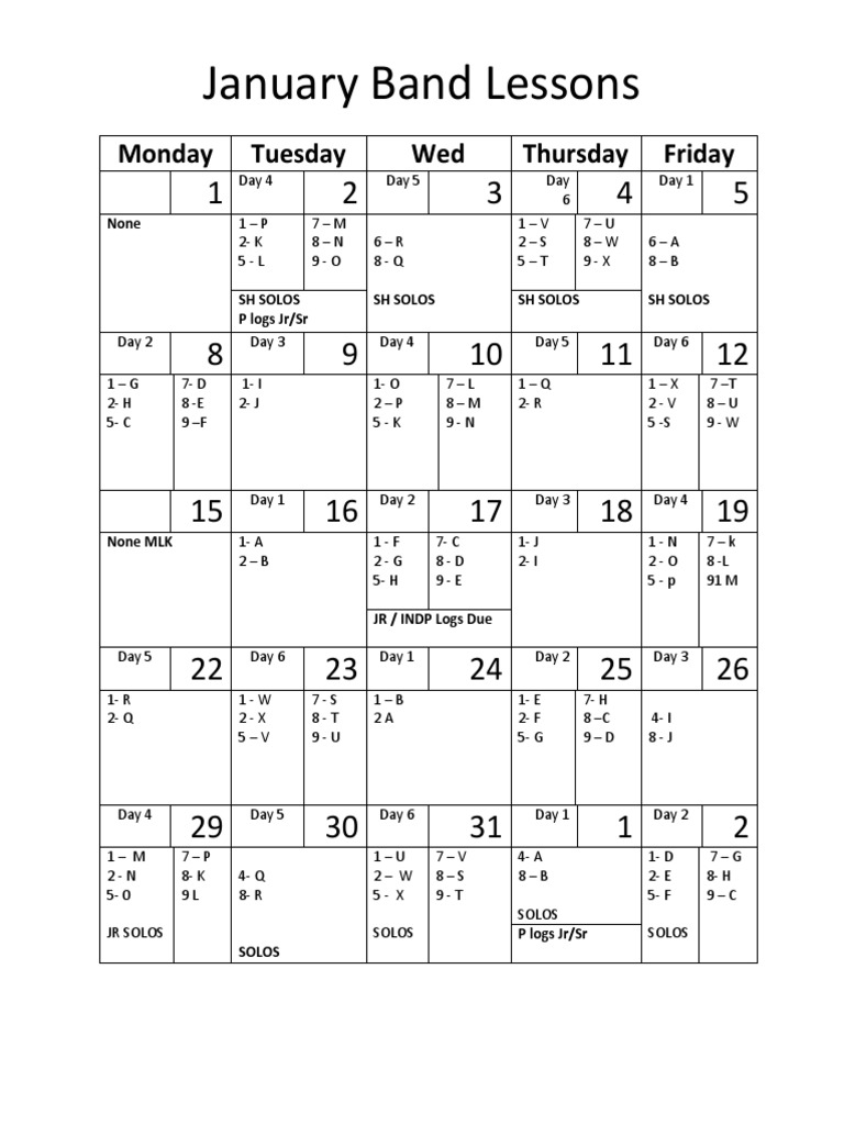 January Band Lessons: Monday Tuesday Wed Thursday Friday | PDF