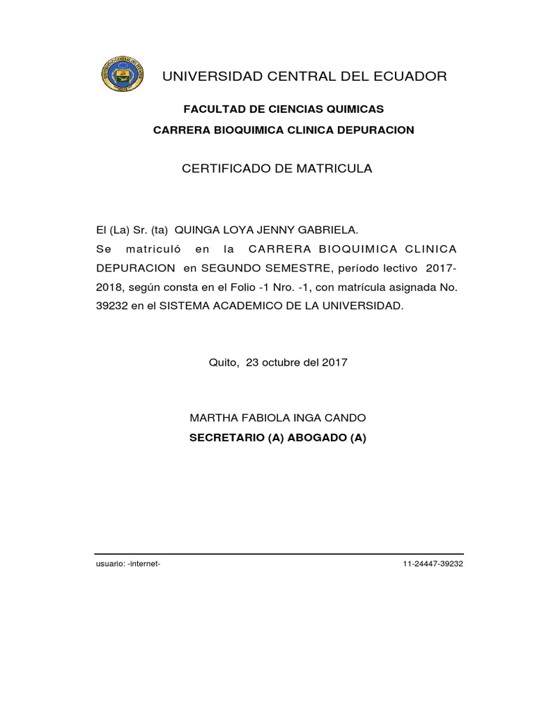Certificado Matricula 2017-2018 | PDF