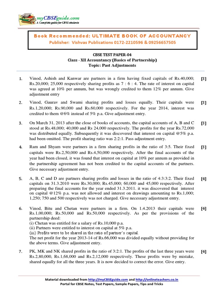12 Accountancy Ch01 Test Paper 04 Past Adjustments | PDF | Partnership ...