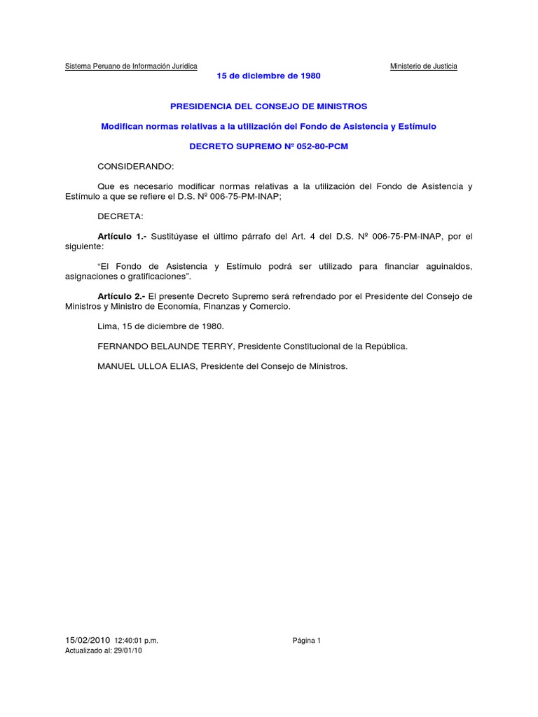 Modificación del D.S. 006-75-PM-INAP | PDF