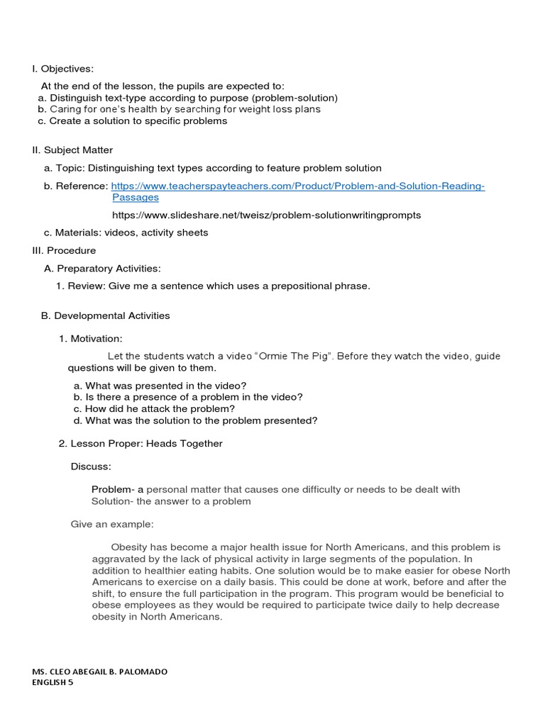 Problem Solution | PDF | Lesson Plan | Obesity
