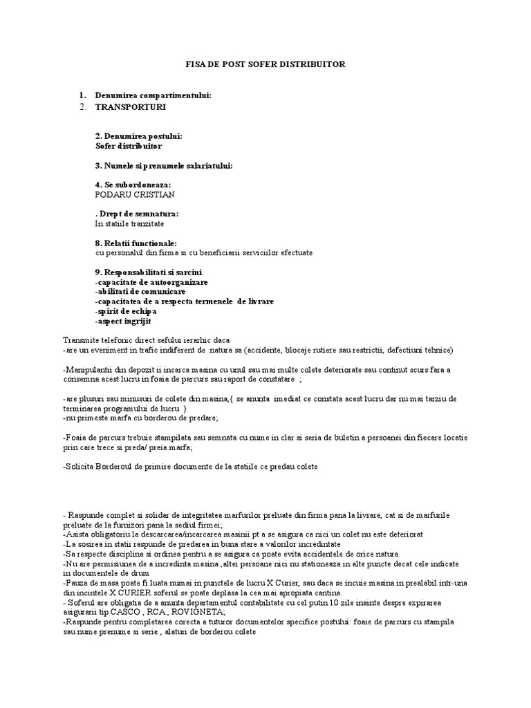 Fisa Post Sofer TRK | PDF