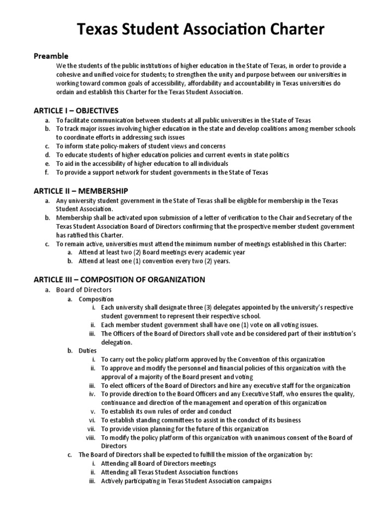 Texas Student Association Charter: Preamble | PDF | Board Of Directors ...