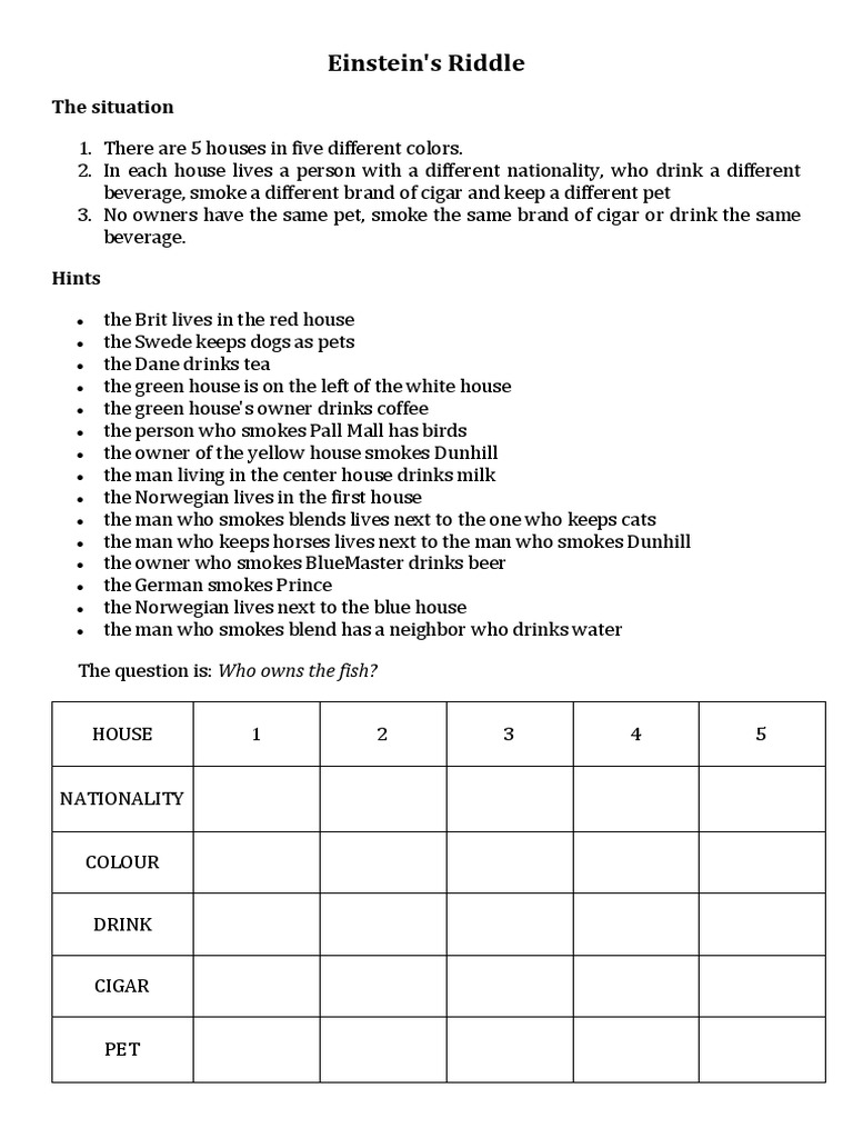 Einstein's Riddle: The Situation | PDF | Drink | Yellow