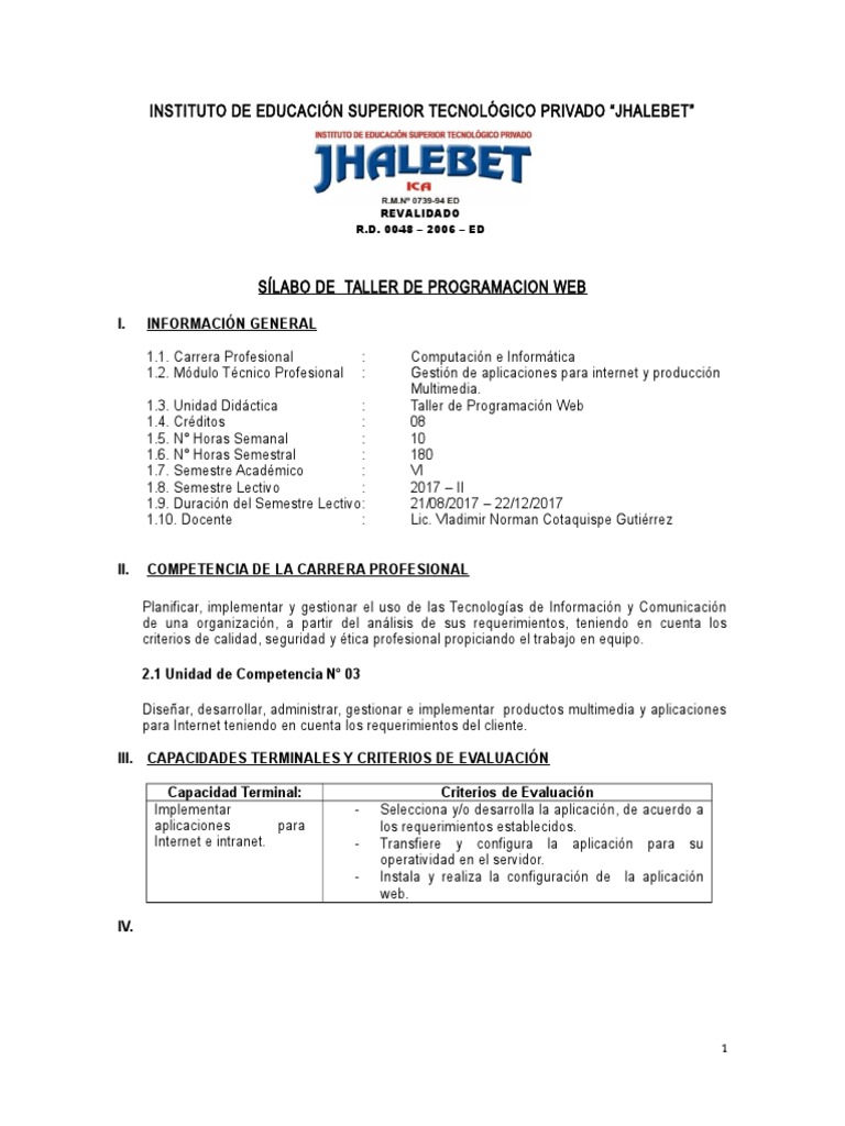 SILABO - Taller de Programacion Web | PDF | Evaluación | Php