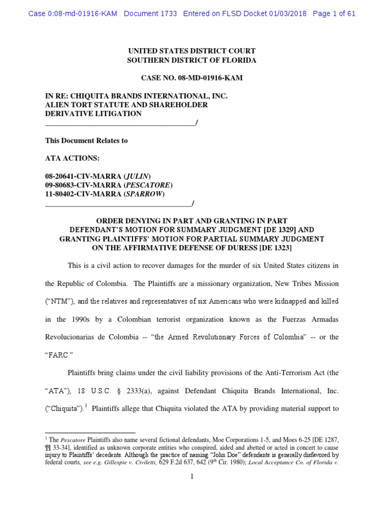 Chiquita Order Granting Motion For Partial Summary Judgment On Duress Defense | PDF | Summary ...