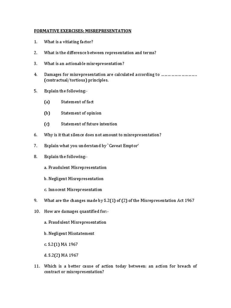 Formative Exercises Misrep | PDF | Misrepresentation | Common Law