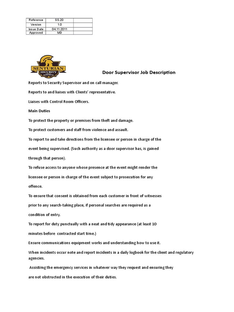 Door Supervisor Job Description and Duties | PDF | Bouncer (Doorman ...