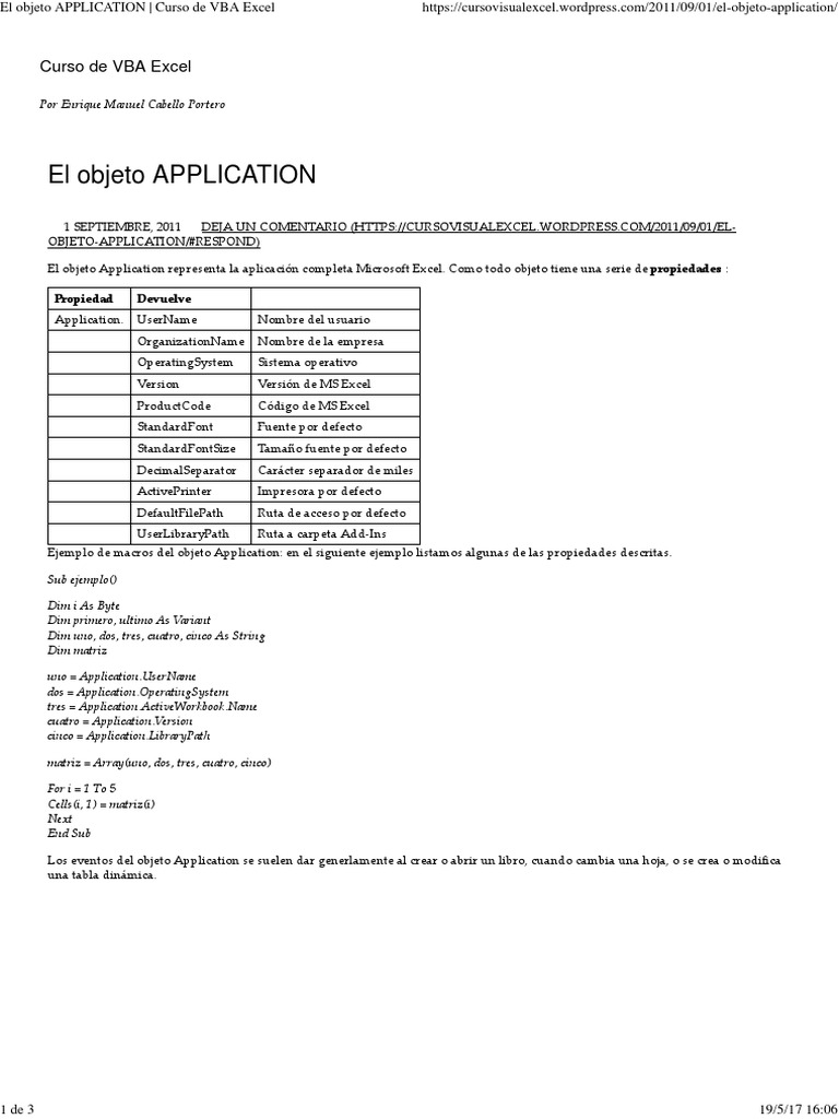 El Objeto APPLICATION - Curso de VBA Excel | PDF | Visual Basic para Aplicaciones | Microsoft Excel