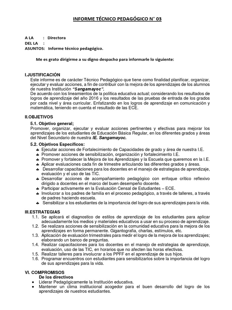 Informe Tecnico Pedagógico | PDF | Maestros | Salón de clases