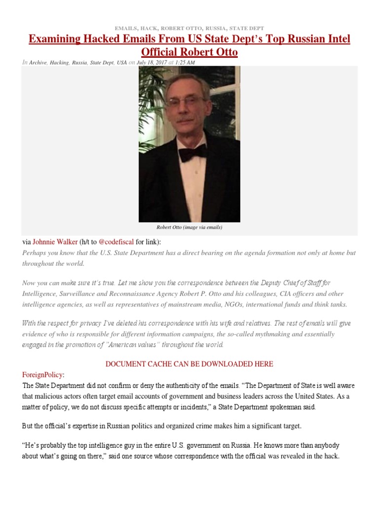 Examining Hacked Emails From Us State Depts Top Russian Intel Official Robert Otto Pdf