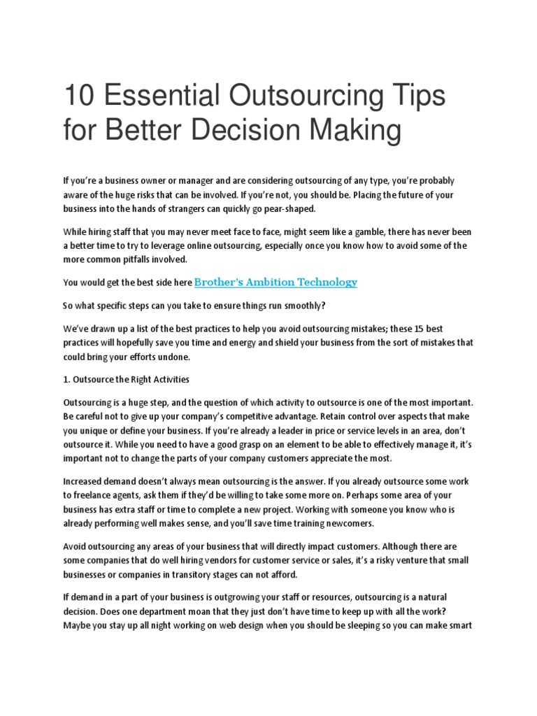 10 Tips For Effective Outsourcing | PDF