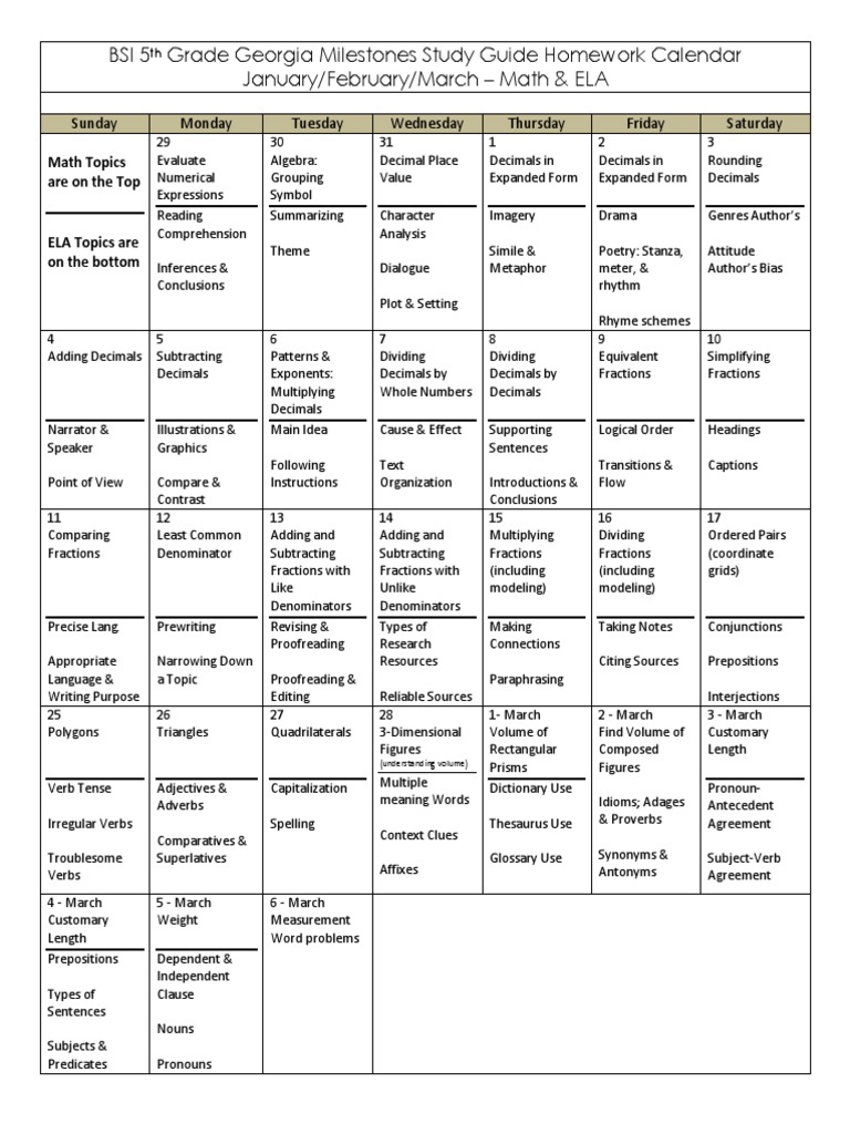 bsi 5th grade georgia milestones study guide homework calendar 2018 ...