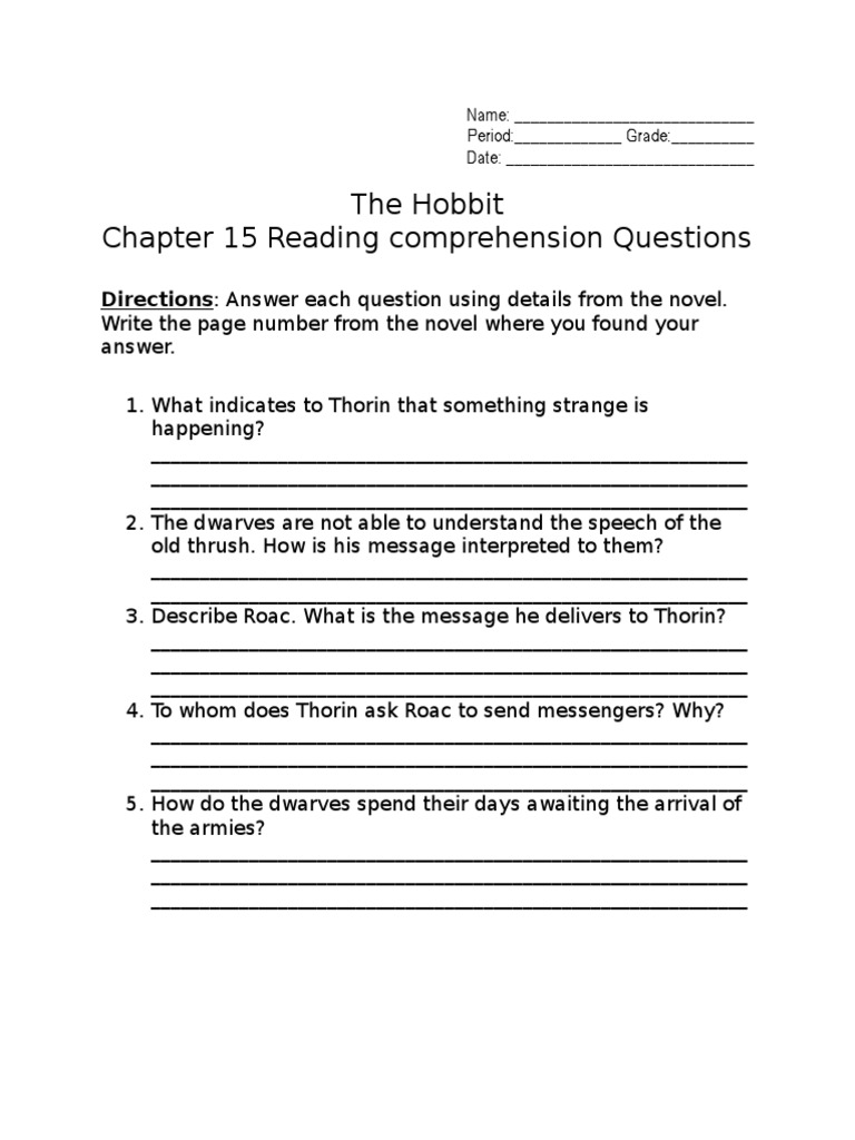 The Hobbit Chapter 15 Reading Comprehension Questions | PDF